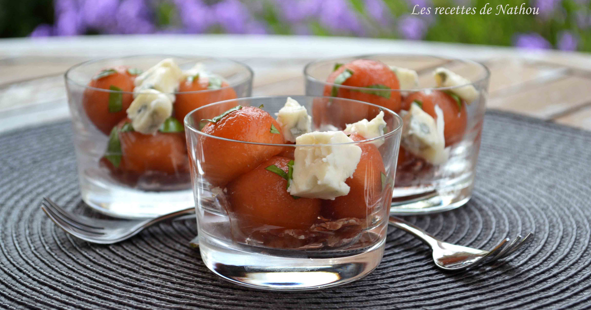 Recette - Verrines de melon mariné au Porto et au basilic, gorgonzola ...