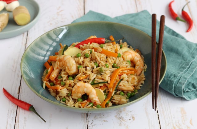 Recette - Riz Thaï aux crevettes et petits légumes en pas à pas